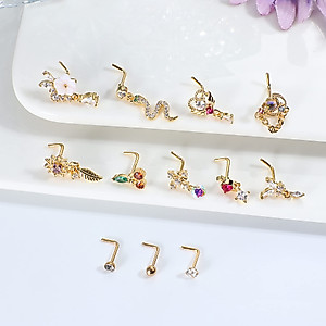 Sanfenly 12Pcs 20G Dangle Nose Studs for Women Stainless Steel L Shaped Nose Studs CZ Cherry Snake Heart Butterfly Flower Moon Dangling Nose Piercing Jewelry