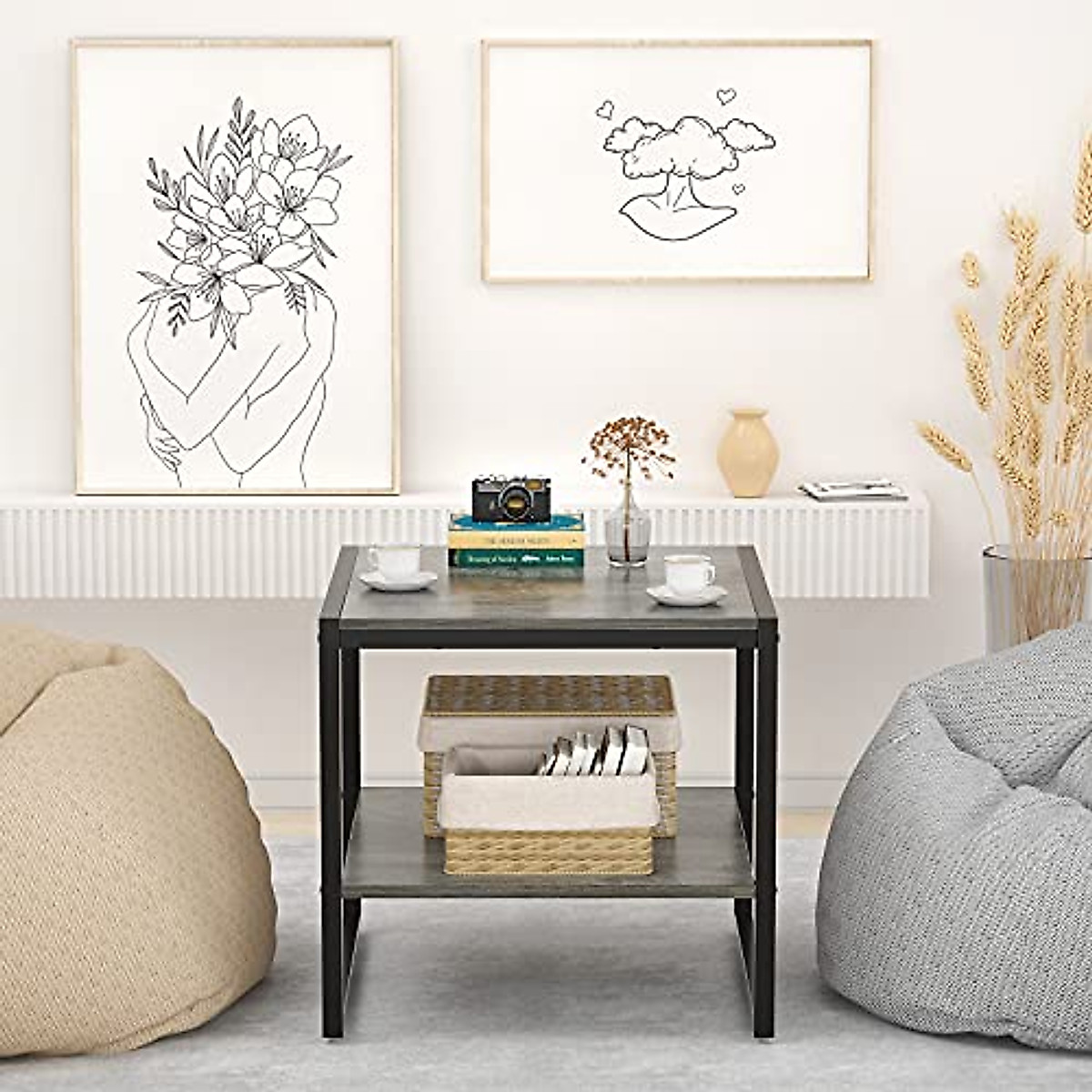 Homieasy End Table, 20 Inch Square Side Table Modern Night Stand with 2-Tier Storage Shelf, Living Room Small Coffee Table, Wood Finish Bedside Table for Bedroom,Black Oak