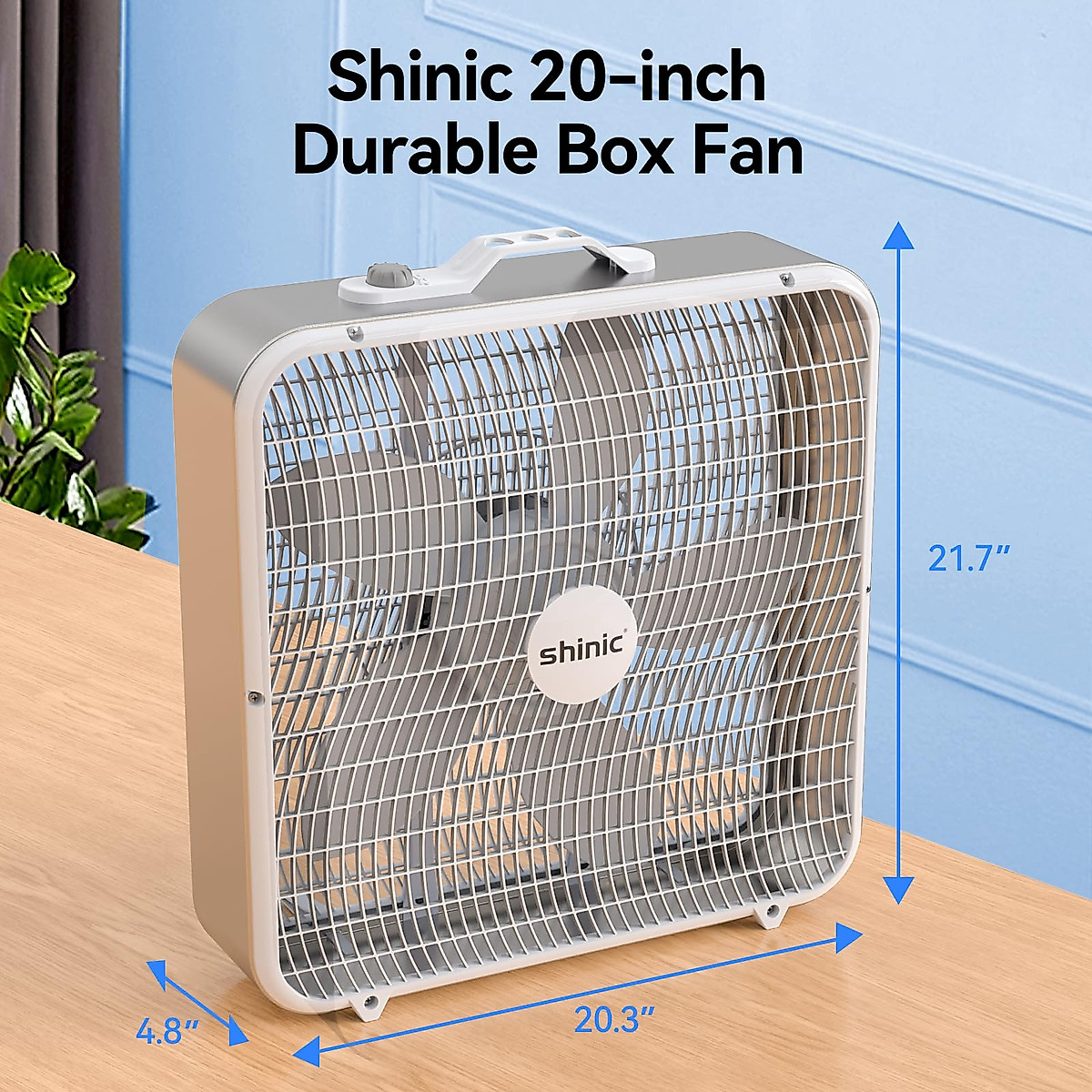 shinic 20 Inch Box Fan,3-Speed Cooling Fan for Air Circulation with Easy Carry Handle and Safety Grills,Powerful Fan for Indoor Use Home Garage and workshop,White
