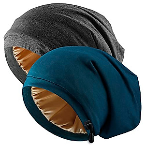 Silk Satin Bonnet Hair Wrap for Sleeping, 2 Pcs Adjustable Silk Bonnets for Women Men Sleep Cap Silk Lined Slouchy with Adjustable Strap Curly Hair Head Scarf Night Caps