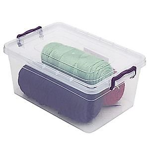 Home Basics Plastic Storage Box with Locking Lid, Clear | Durable Latches for Secure Closure | Purple Handles (10 liter)