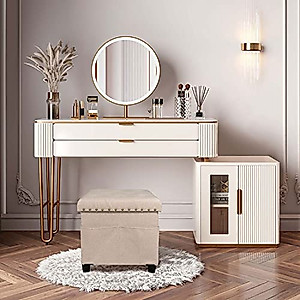 Brakki Storage Ottoman Cube Square Ottoman Foot Rest Cube with Side Pocket,15.7 Inches Storage Bench for Bedroom Living Room Linen Fabric with Wooden Legs Folding Beige Ottoman