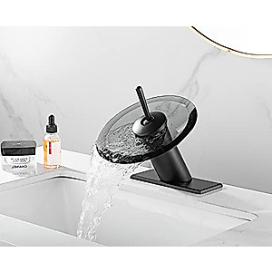 Bathroom Faucet Black Glass Waterfall Spout Single Handle 360° Swivel Solid Brass Bath Basin Lavatory Sink Vanity Faucet One or 3 Hole Commercial with Deck Plate
