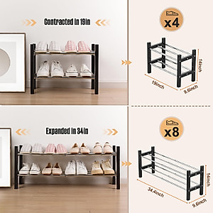 NUDUKO Expandable Shoe Rack Storage Organizer - 2 Tier Adjustable Wood and Metal Shoe Shelf Heavy Duty Small Shoe Rack for Closet Bedroom Entryway (Black)