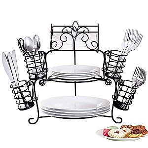 Collections Etc Metal Buffet Organizer with Scroll Design, 7-Piece Set for Plates, Napkins and Cutlery