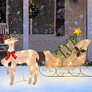 ATDAWN Lighted Christmas Reindeer Sleigh Outdoor Yard Decoration, 50 Lights Christmas Deer Outdoor Decoration, Outdoor Lighted Holiday Deer Christmas Yard Decoration Light Up Display