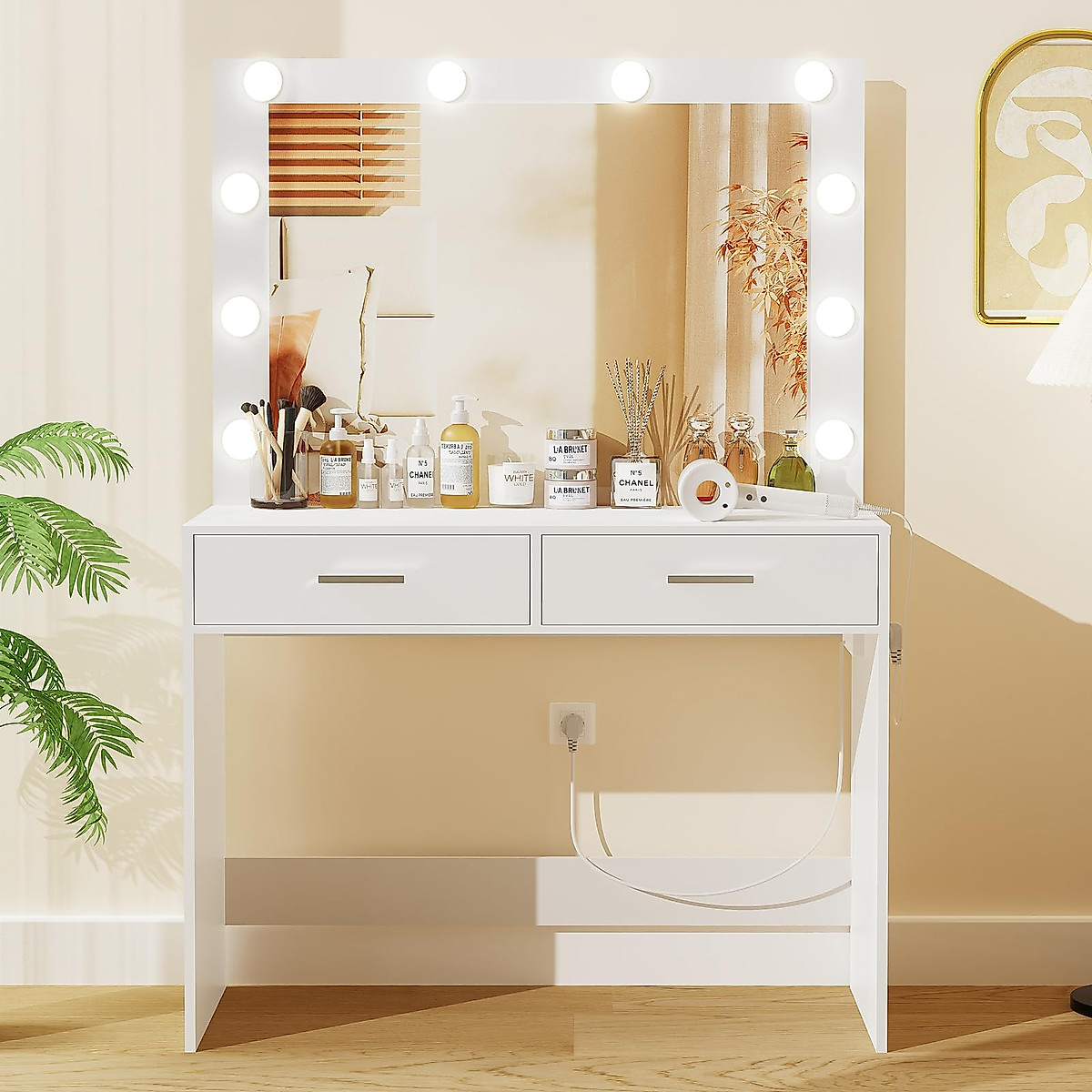 usikey Vanity Desk with Large Lighted Mirror, Makeup Vanity with 10 Lights, 2 Drawers & Power Strip, Vanity Desk Set, Dressing Vanity Tables for Women Girls, Bedroom, White