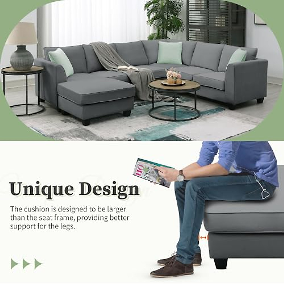 LostCat 112" Sectional Couches for Living Room Sets, 7 Seats Modular Couch with Ottoman, Fabric L Shape Couch with 3 Pillows, Convertible Corner Couch Set, Sectional Sofa Set for Living Room, Grey