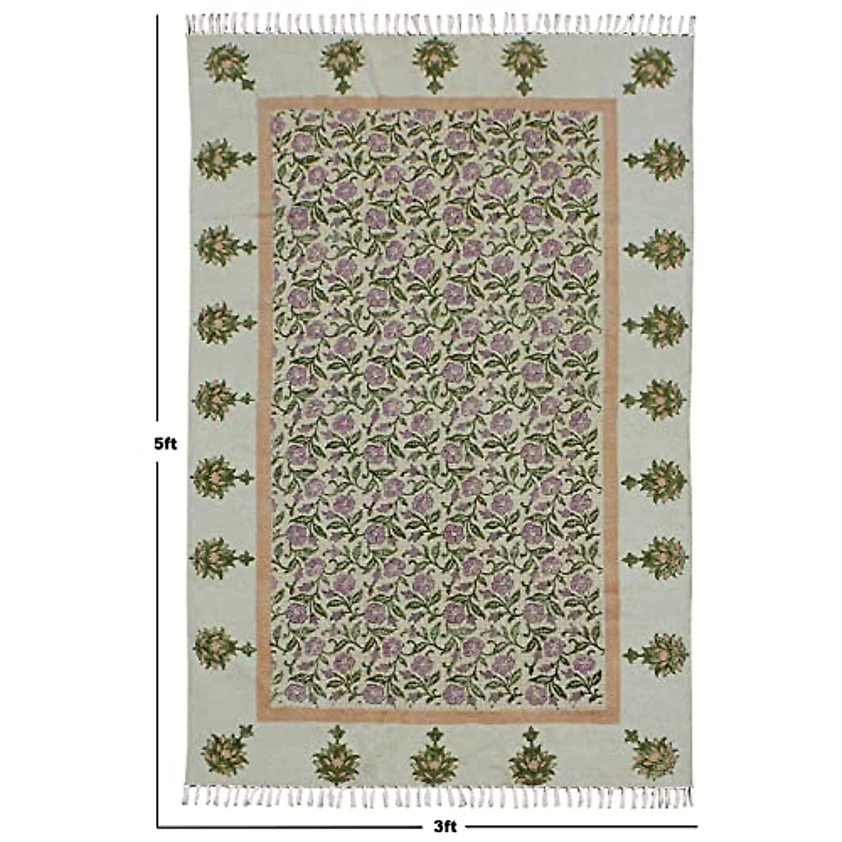 Casavani Hand Block Printed Cotton Dhurrie Floral Green & Pink Tassel Rug Easy Care Washable Rugs for Doormat Entryway Living Room Bedroom Hallway Balcony 9x9 Feet Square