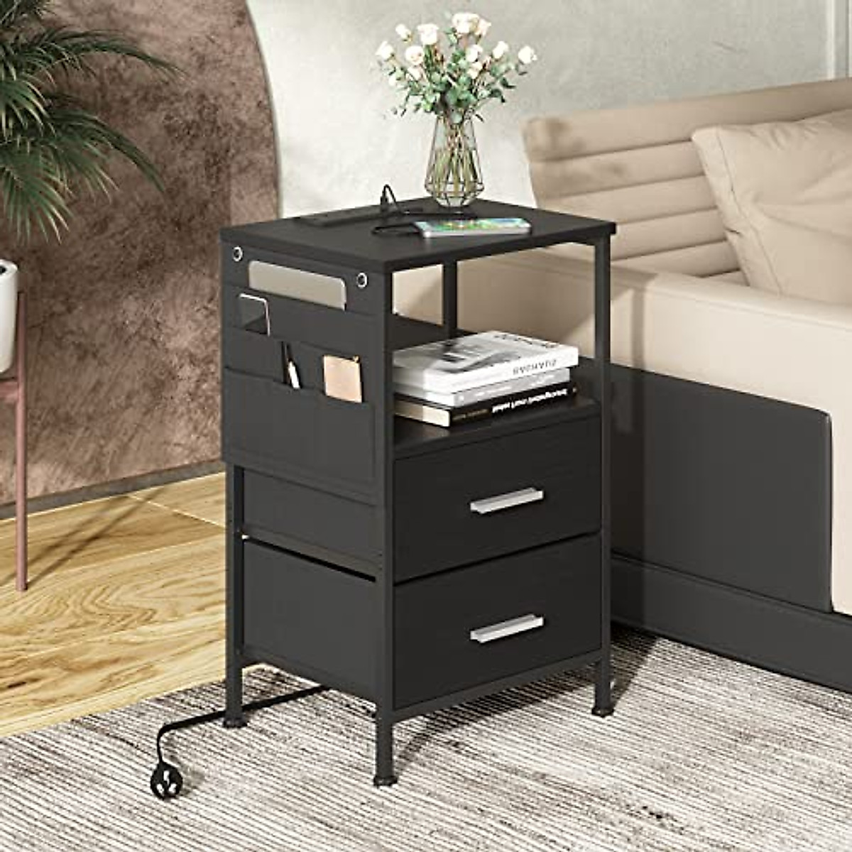 Vabches End Table with Charging Station, Nightstand with USB Port, Outlet and Fabric Bag, 2 Drawers & Open Storage Shelf Side Table, Sofa Cabinet for Living Room, Bedroom, Office