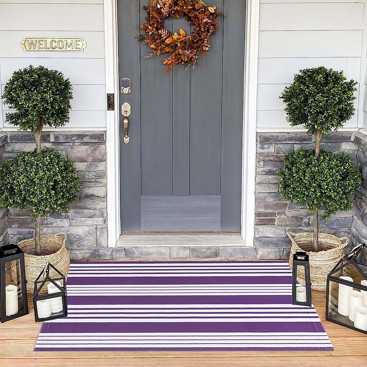 Purple and White Striped Outdoor Rug 24'' x 51''Outdoor Front Porch Rug Hand-Woven Machine Washable Indoor/Outdoor Layered Door Mats for Entryway/Bedroom/Outdoor