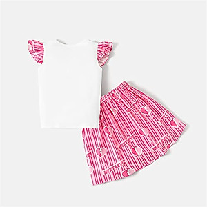 L.O.L. Surprise! Girls Skirt Set 2Pcs Kid Girl Graphic Print Tie Knot Ruffle Sleeve Cotton Tee and Allover Print Skirt Set PinkyWhite 9-10 Years