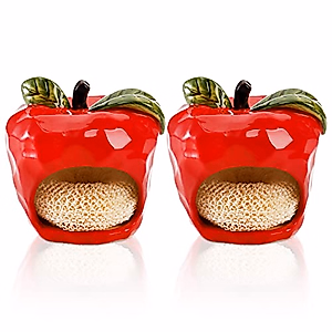 Frcctre 2 Pack Kitchen Dish Sponge Holder, Ceramic Scrubby Holder with Nylon Dish Scrubby, Kitchen Sink Sponge Caddy Farmhouse Decor Accessories, Red Apple Shape