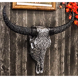 Ebros Gift Silver and Black Tribal Floral Vines Tooled Steer Bison Bull Cow Skull Head with Horns Wall Mount Decor Artistic Replica Native Animal Bust Skulls Hanging Mounted Plaque Sculpture