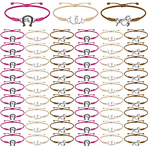 Sureio 48 Pcs Horse Rope Braided Bracelet Gifts Bulk Horse Goodie Party Favors Western Cowgirl Cowboy Adjustable Wedding Bridal Shower Bracelets for Women (Rose Red, Light Brown, Dark Brown)