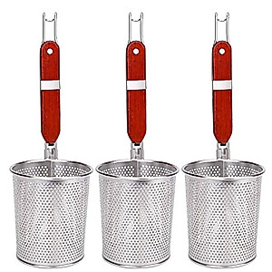 Lawei 3 Packs Mesh Pasta Basket with Wooden Handle Stainless Steel Mesh Spider Strainer for Pasta, Noodles, Dumpling
