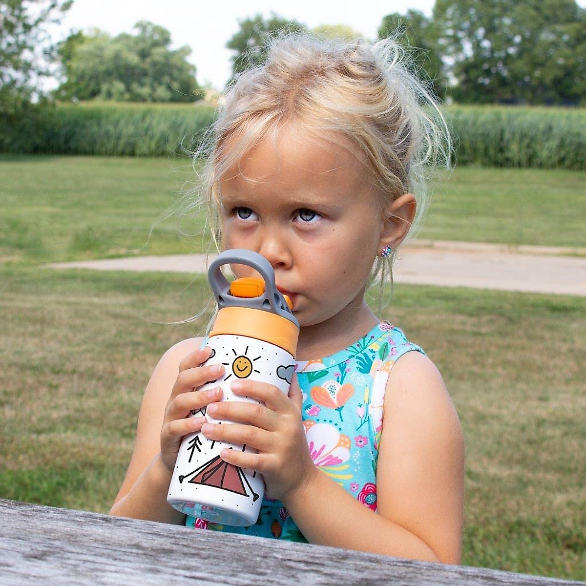 Camping Adventure – Orange and Grey – 12 oz Kids Water Bottle with Pop Up Silicone Straw - Personalize with Name – Double Wall Stainless Steel Insulation – Keep Beverage Temperature for Up To 8 Hours