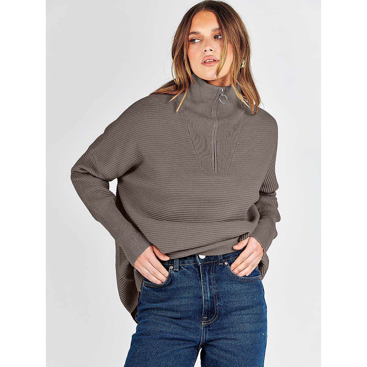 ANRABESS Women Quarter Zip Oversized Casual Loose Rib Knit Cozy Pullover Sweaters Top 2025 Fall Fashion Outfits Clothes Gray Coffee Medium