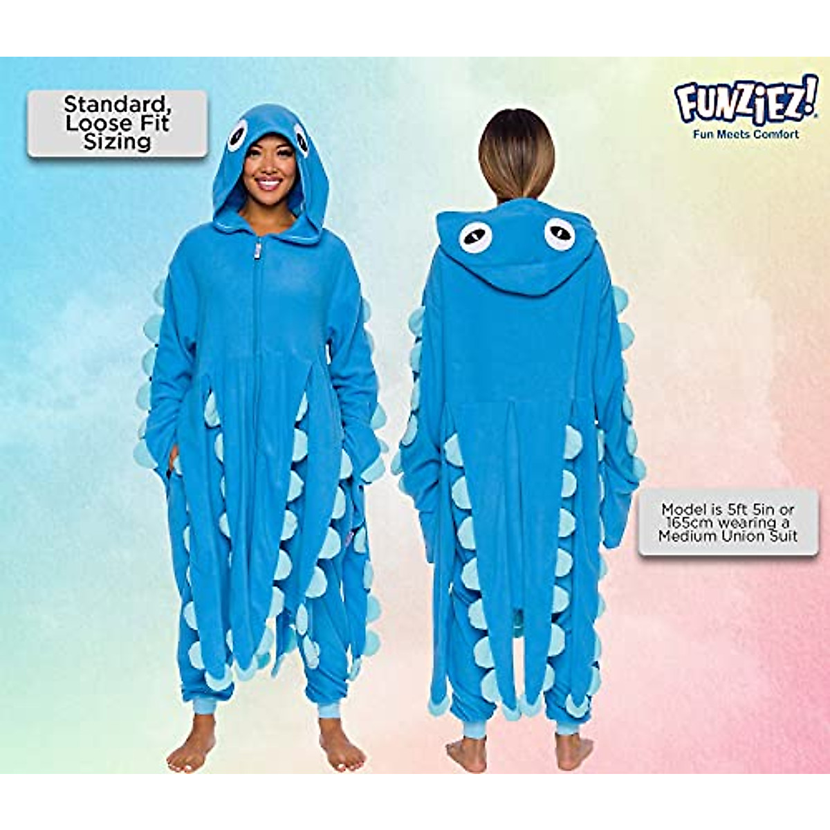 FUNZIEZ! Squid Costume -Adult Octopus Costume - One Piece Animal Pajama (Small) Blue