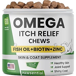 Omega 3 for Dogs - for Dry Itchy Skin - Fish Oil Chews - Skin & Coat Supplement - Itch Relief, Allergy, Anti Shedding, Hot Spots Treatment - w/EPA & DHA - Vitamins - Made in USA - 120 Treats