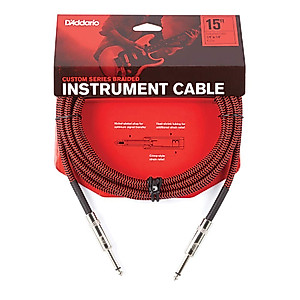 D’Addario Accessories Custom Series Braided Guitar Cable - Instrument Cable with Nickel Plated ¼ Inch Ends - Protects Guitar Cord Against Cuts, Kinking - 15 feet - Red