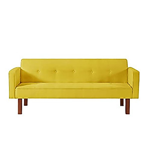 MWrouqfur Modern Fabric Sofa Bed Futon,Convertible Sleeper Loveseat with 2 Pillows and Armrests,75" Folding Recliner Couch Bed with Solid Wood Legs for Living Room Apartments Office (Yellow)