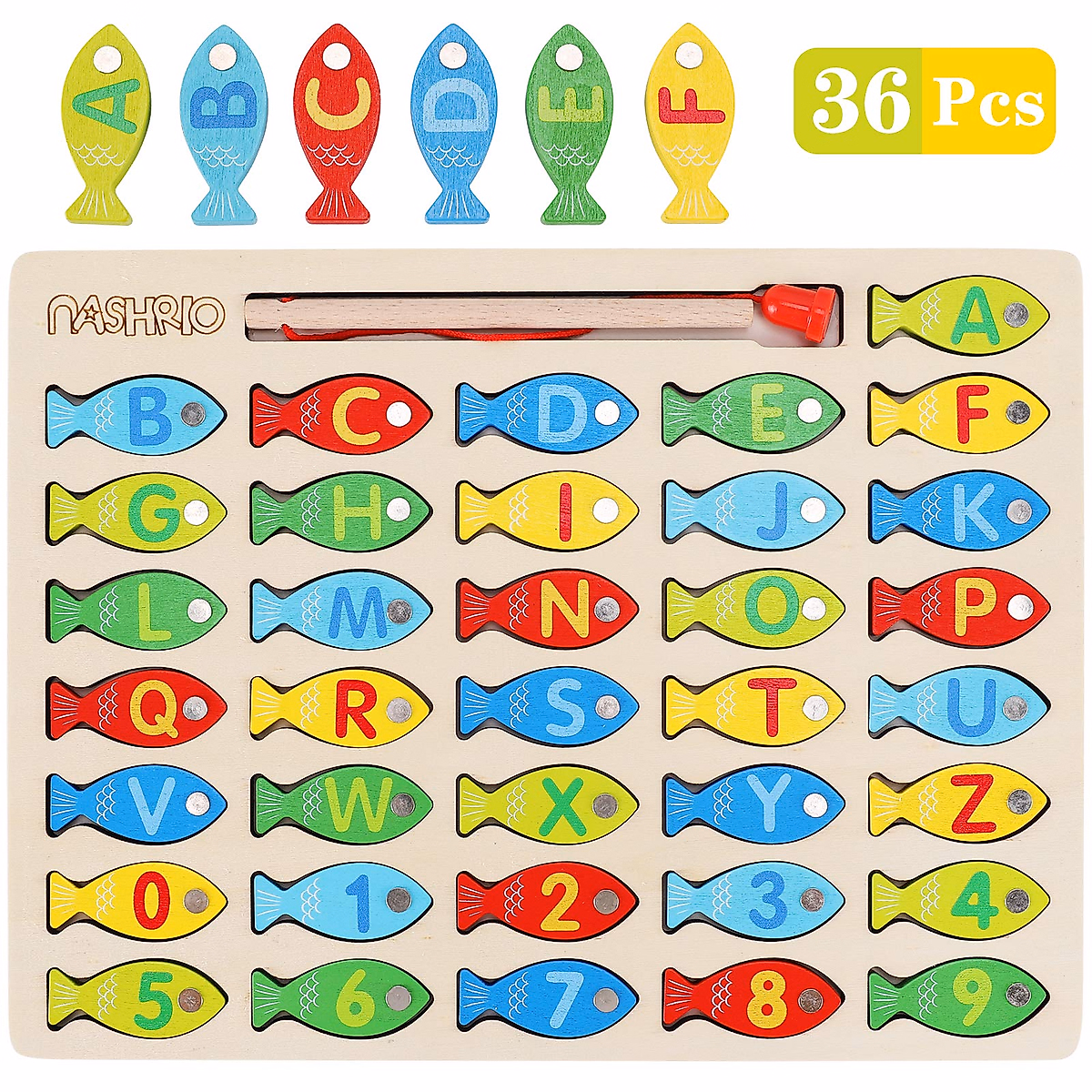 Magnetic Wooden Fishing Game Toy for Toddlers, Alphabet Fish Catching Counting Games Puzzle with Numbers and Letters, Preschool Learning ABC Math Educational Toys 3 4 5 Years Old Girl Boy Kids