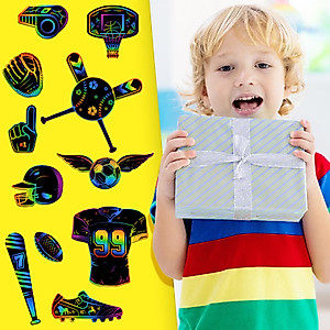 Qilery 70 Pcs Sports Scratch off Papers Scratch Paper Sets with 35 Pcs Wooden Stylus, Sports Ball Rainbow Paper Scratch Pad for Kids, DIY Arts and Crafts Supplies for Football Party Project Decoration