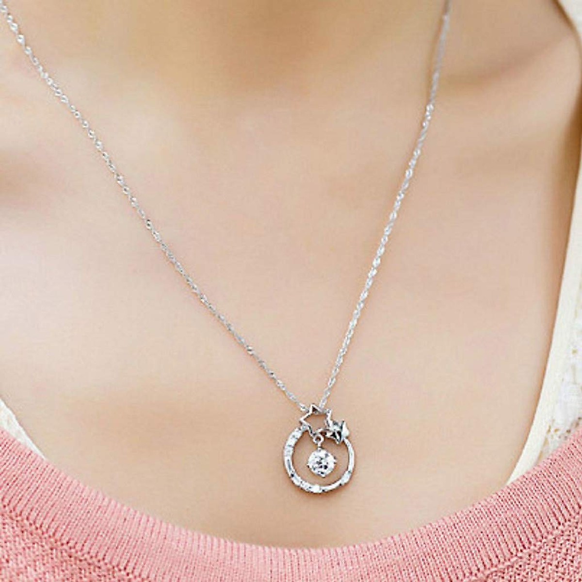 Necklaces Jewelry, Fashion Elegant Retro Silver Plated Round Cubic Zirconia Pendant Hollo Necklace Chain Necklace Gift (Silver)