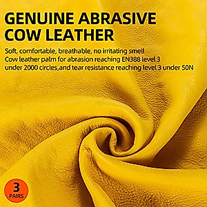 Vgo 3-Pairs Unlined Cow Grain Leather Work and Driver Gloves with Cow Split Leather Palm Patch (Size L, Gold,CA9590)