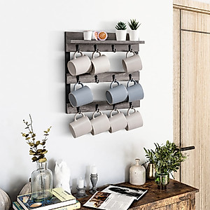 Honiter Coffee Mug Rack Wall Mounted, Rustic Wood Coffee Cup Holder Organizer with 12 Hooks and Storage Shelf , Wall Mug Rack for Display, Collection, Home Kitchen (Gray)