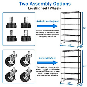 XXkseh Wire Shelving Unit with Wheels, 6 Tier Adjustable Metal Shelving Heavy Duty Storage Shelves 2100 Lbs Capacity 48" L X 18" W X 82" H Metal Shelf for Pantry Kitchen Basement, Black