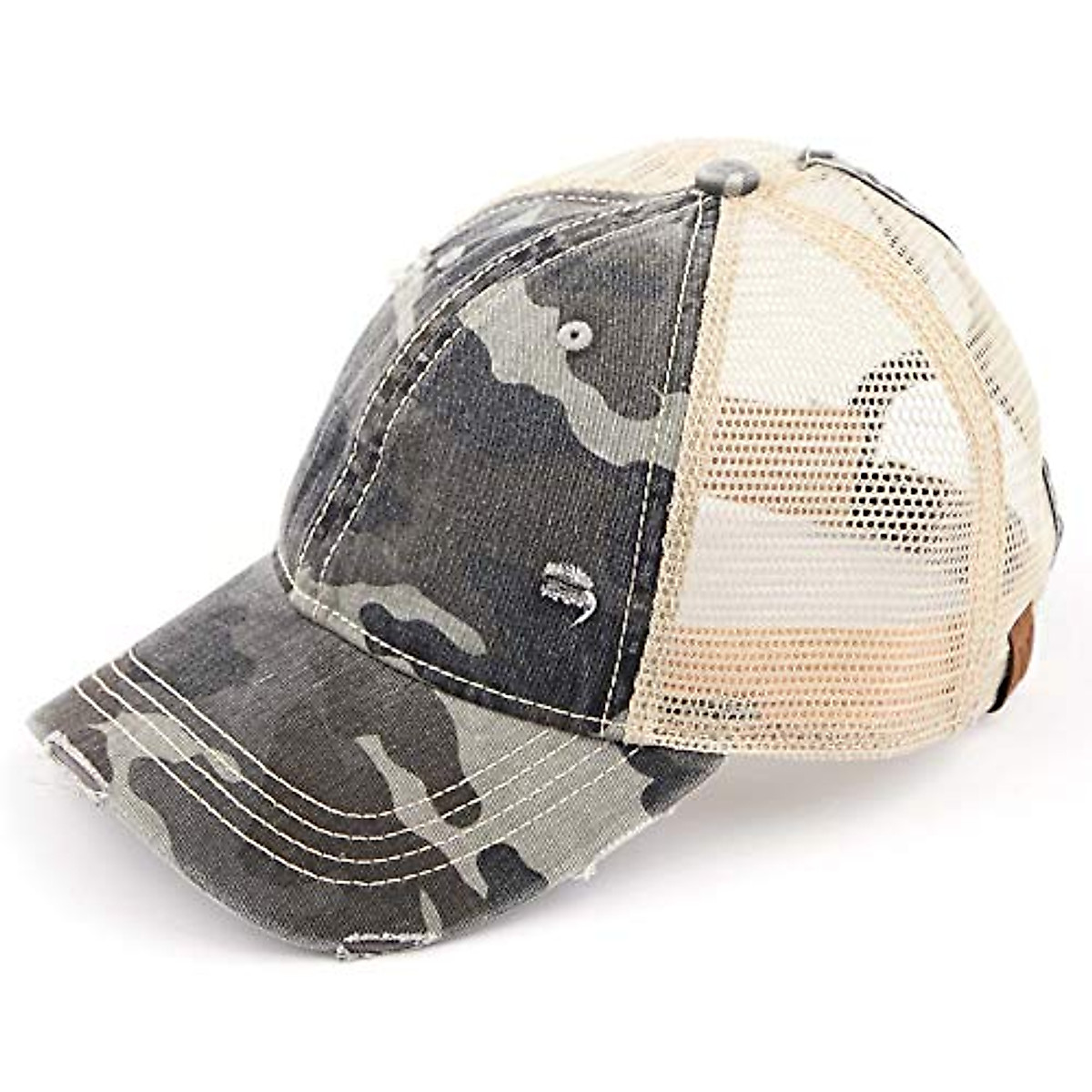 Funky Junque Distressed Trucker Hat - Black Camo/Beige Mesh