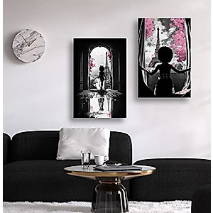 African American Wall Art Black Girl Pink Flowers Canvas Prints Modern Black and White Wall Art Fashion Paris Decoration Pictures Painting Framed Artwork Home Decor for Bedroom Bathroom 16x24inch