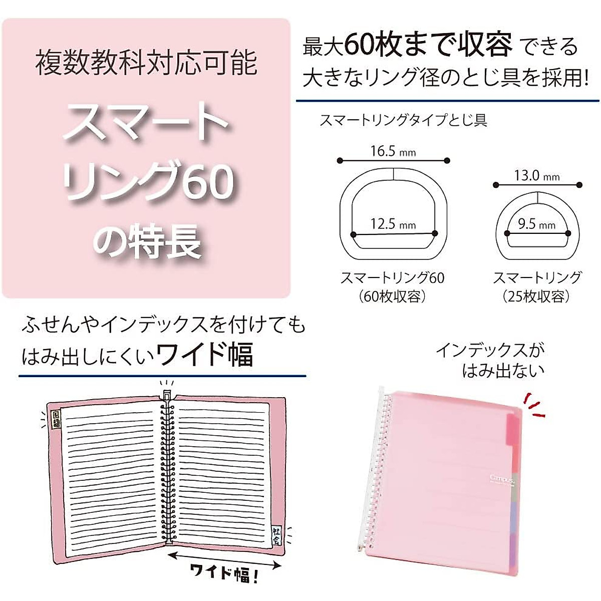 Kokuyo Campus Smart Ring Binder, B5 Light Blue Binder Notebook Up to 60 Sheets 26 Holes Slim Binder Folder with 10 Extra Campus Sarasara Loose-Leaf Paper for Work, Study and Journal, Japan Import