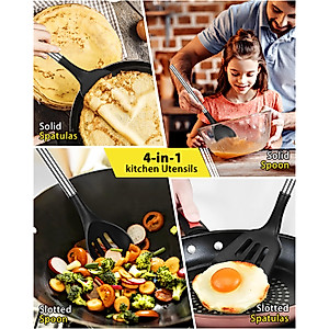 4 Pcs Silicone Kitchen Utensils Set, Wok Spatulas-Slotted Turner-Cooking Spoon-Slotted Spoon, Non-Stick BPA Free Heat-Resistant Basting Stainless Steel Handle Kitchenware for Cooking, Mixing, Serving