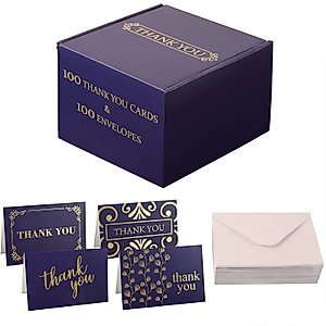 Bonfasvo 100 Pack Blue Thank You Cards & 100 Pack White Envelopes 4.25 x 6.25 inches Elegant Fold Over Greetings Blank Inside, Handwritten Style For Business Graduation Baby Shower & Wedding