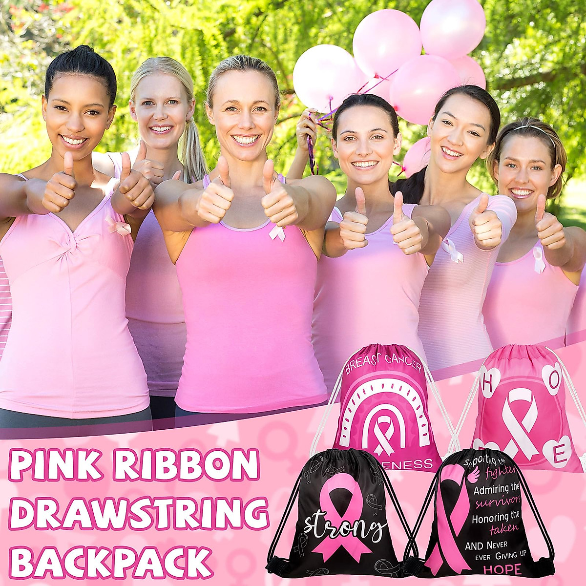 Paterr 36 Pcs Breast Cancer Awareness Drawstring Backpack 11.8'' x 9.8'' Pink Ribbon Polyester Drawstring Bags Hope Fight Sport Gym Sackpack for Women Travel Storage Accessories, White and Black