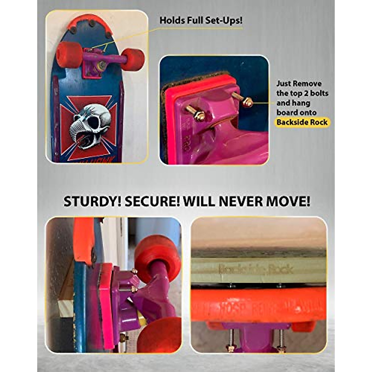 LN Backside Rock Skateboard Hooks | Premium Wall Hanger Setup | Skate Holder Rack Display | Vertical and Horizontal Hook | Deck and Full Setup for Heavy Duty Quality. (01)