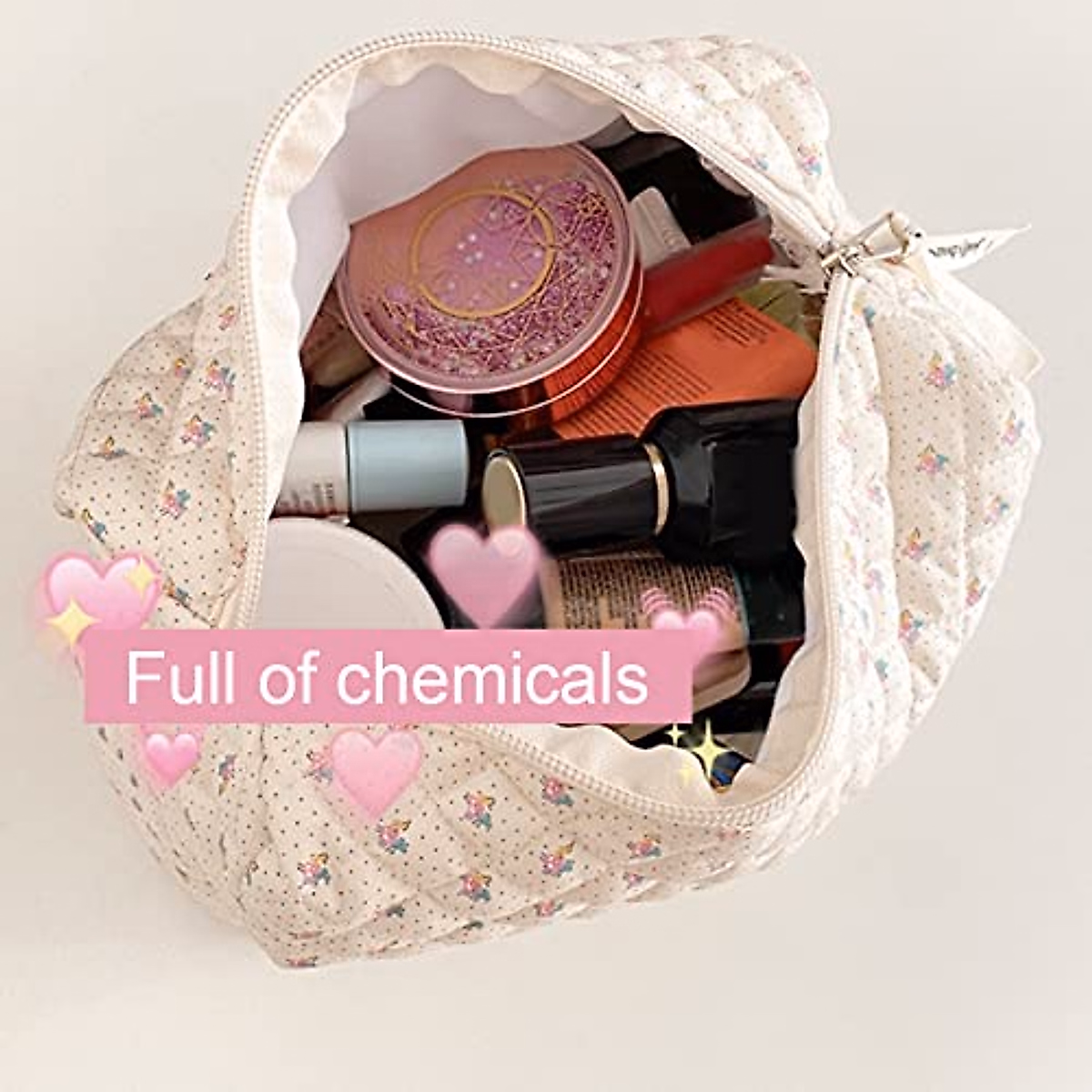 Lushandy Kawaii Floral Makeup Bag Coquette Aesthetic Cosmetic Bag Large Travel Makeup Organizer Cute Pouch Cotton Quilted Toiletry Bag