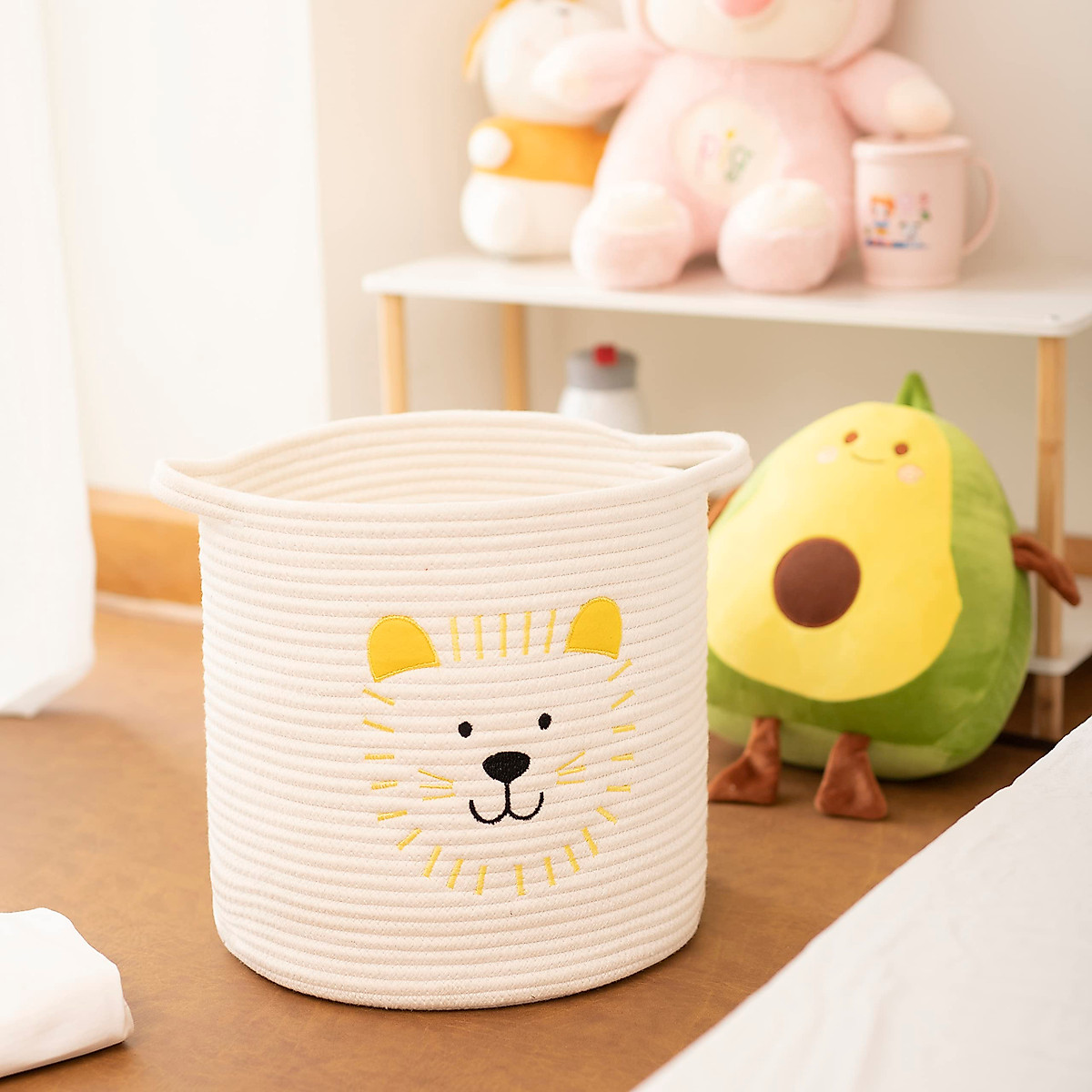 NADEnVIE Animal Laundry Basket For Nursery, Foldable Toy Storage Basket Tiger Design, Natural Handmade Basket With Handle For Home Decor, Nontoxic Cotton Rope Woven Safe for Children and Pet (White)