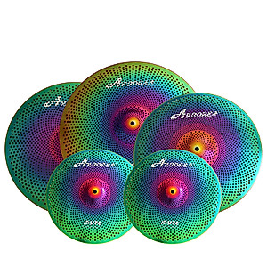 Arborea Mute Cymbal Set Low Volume Cymbal Pack 14"hi-hat+16"crash+18"crash+20"ride 5 Pieces Rainbow Drummer Practice Cymbal