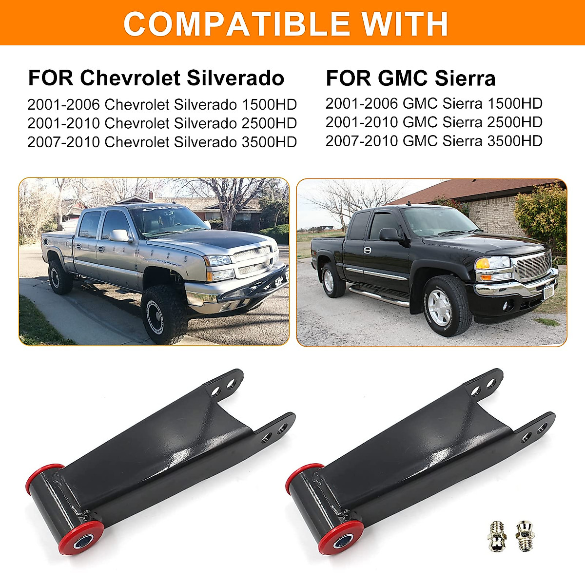 3" Suspension Rear Drop Shackle Kit Fits For 2001-2010 Chevrolet Silverado GMC Sierra 1500HD 2500HD 3500HD Replaces Lowering Shackles 410730