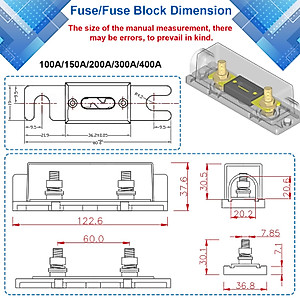 smseace 200AMP ANL Fuse Holder Kit Including Transparent Fuse Base，200a Copper anl Fuse，5/16-1/0AWG Copper Ring Terminal and Heat shrinkable Tube for car Audio and Other high Current Applications