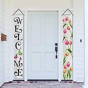 AVOIN Spring Welcome Tulip Wood Porch Sign, Butterfly Holiday Wedding Anniversary Mother's Day Hanging Banner Flag for Yard Indoor Outdoor Wedding Party 12 x 72 Inch