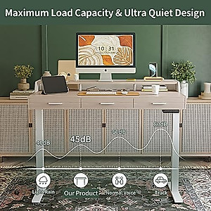 FEZIBO Electric Standing Desk with Drawers, 55x26 Inch Standing Desk Adjustable Height, Stand Up Desk with Monitor Shelf, Sit Stand Home Office Desk, Light Walnut