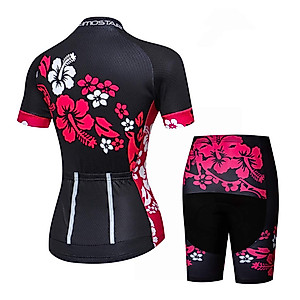 Cycling Jersey Shorts Set Womens Bike Jersey Suit Zip Shirts Short Sleeve Road Bicycle Clothing Pro Team Racing MTB Tops Bottom for Ladies Female Breathable Summer Black Set Size L
