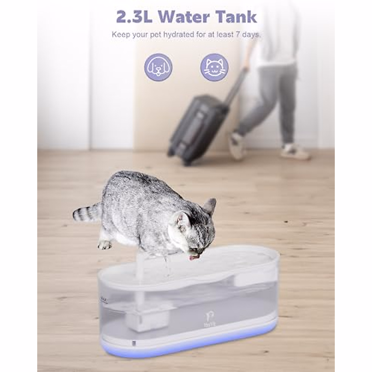 YauYik Cat Water Fountain with Wireless Pump, 78 fl oz/2.3L Ultra-Quiet Automatic Pet Water Fountains for Cats and Dogs, Cat Dispenser Bowl for Drinking with Smart LED Light & 3 Flow Modes