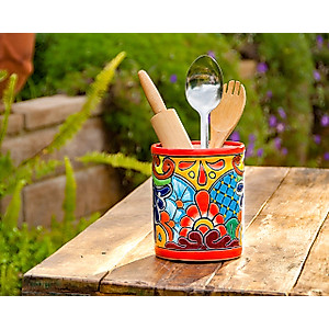 Enchanted Talavera Ceramic Large Utensil Holder Spatula Crock Kitchen Counter Organizer Mexican Pottery Utensils Tools Caddy Spoon Rest White Ceramic (Red Large (7.5" H x 6" W)