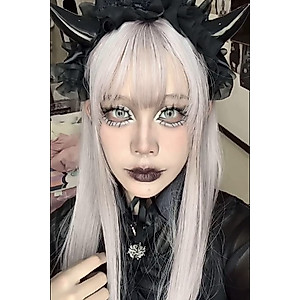 CoBtee Gothic Lolita Headdress Lace Devil Horns Cosplay Headbands Hair band Hair Accessories Headwear Halloween Party (black devil horns)